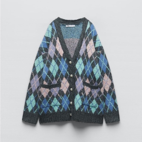 Zara | Sweaters | Zara Jewel Button Argyle Knit Cardigan | Poshmark